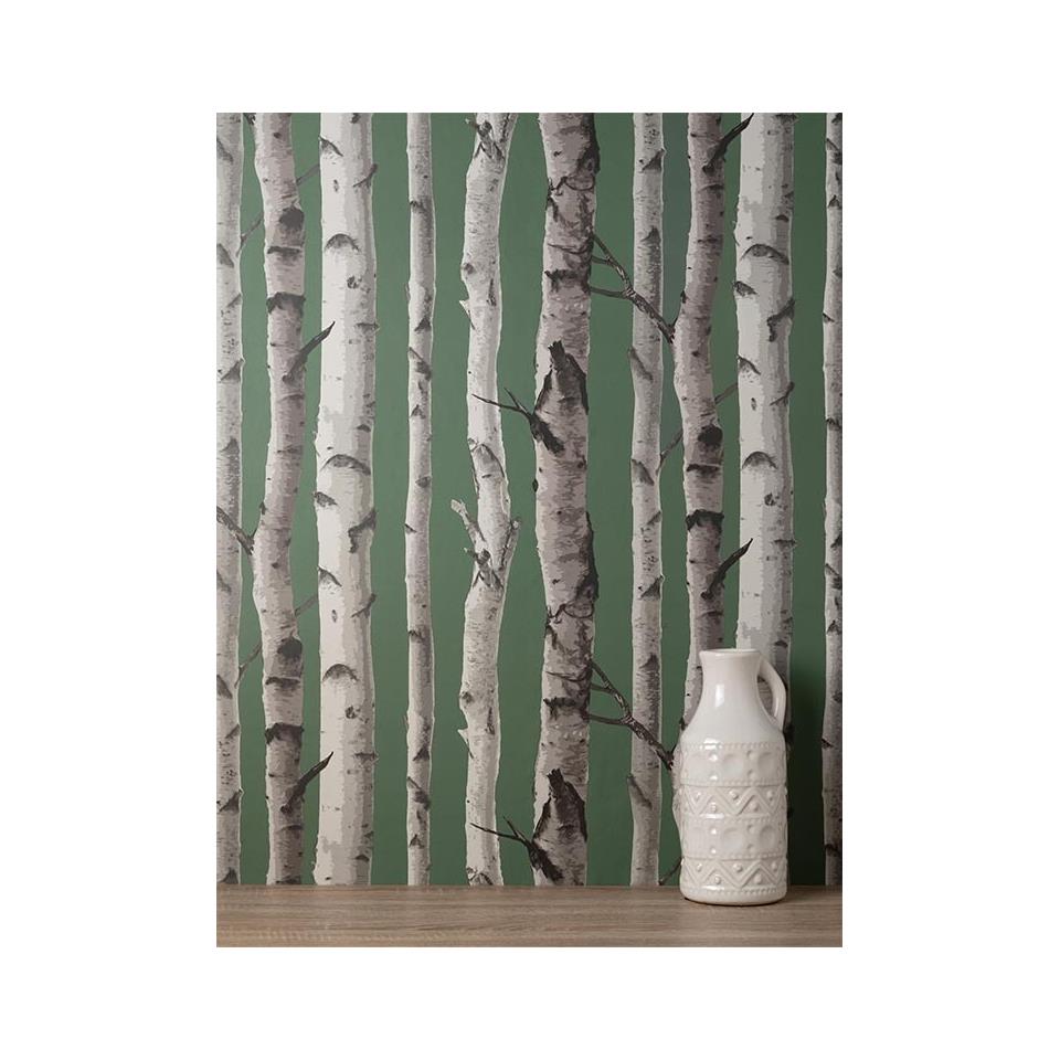 Fine Decor Woods Birch Tree Wallpaper FD43292 Huntergreen
